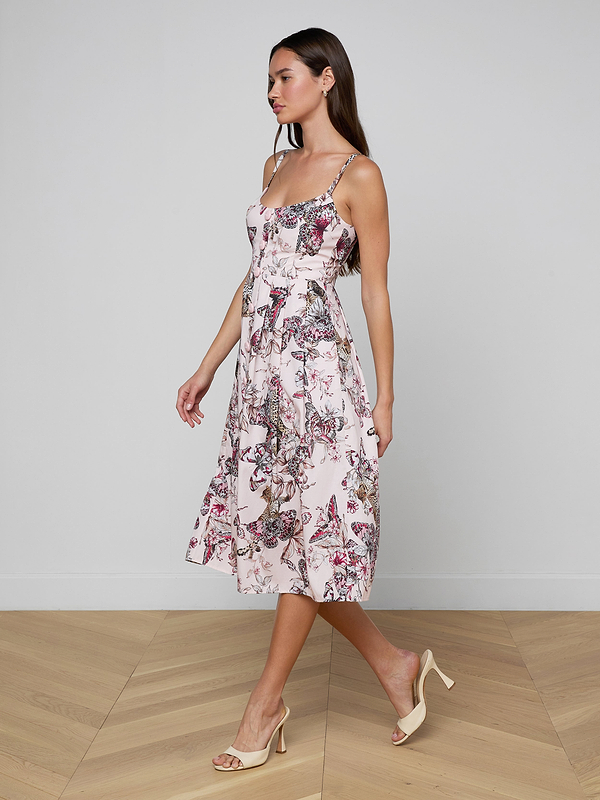 Robe mi-longue Reanne, Rose pâle à imprimé jungle papillons coloré | L ...